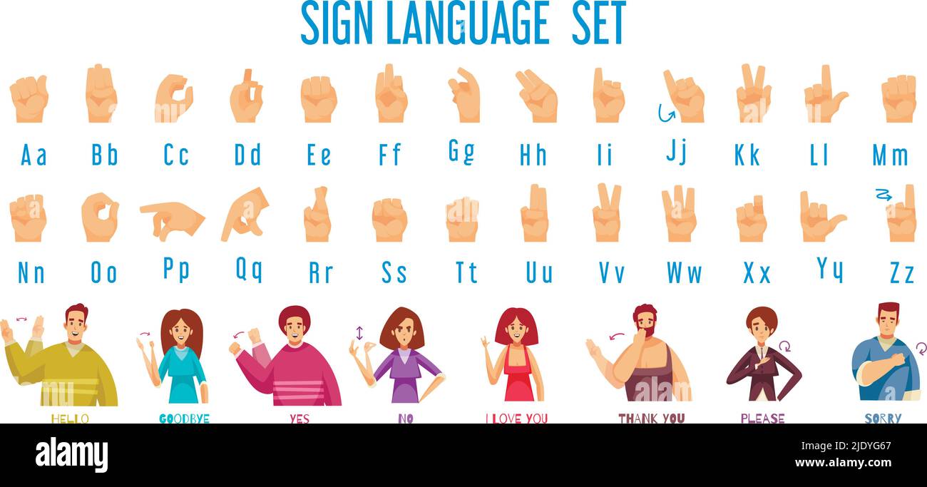 Sign language set with deaf hand set symbols flat isolated vector ...