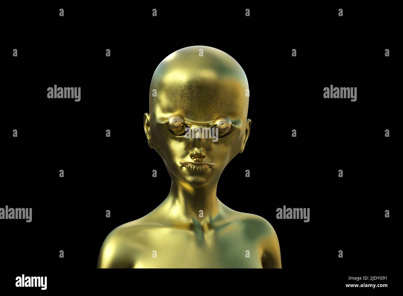 Golden bald alien humanoid on a black background. 3d illustration Stock ...