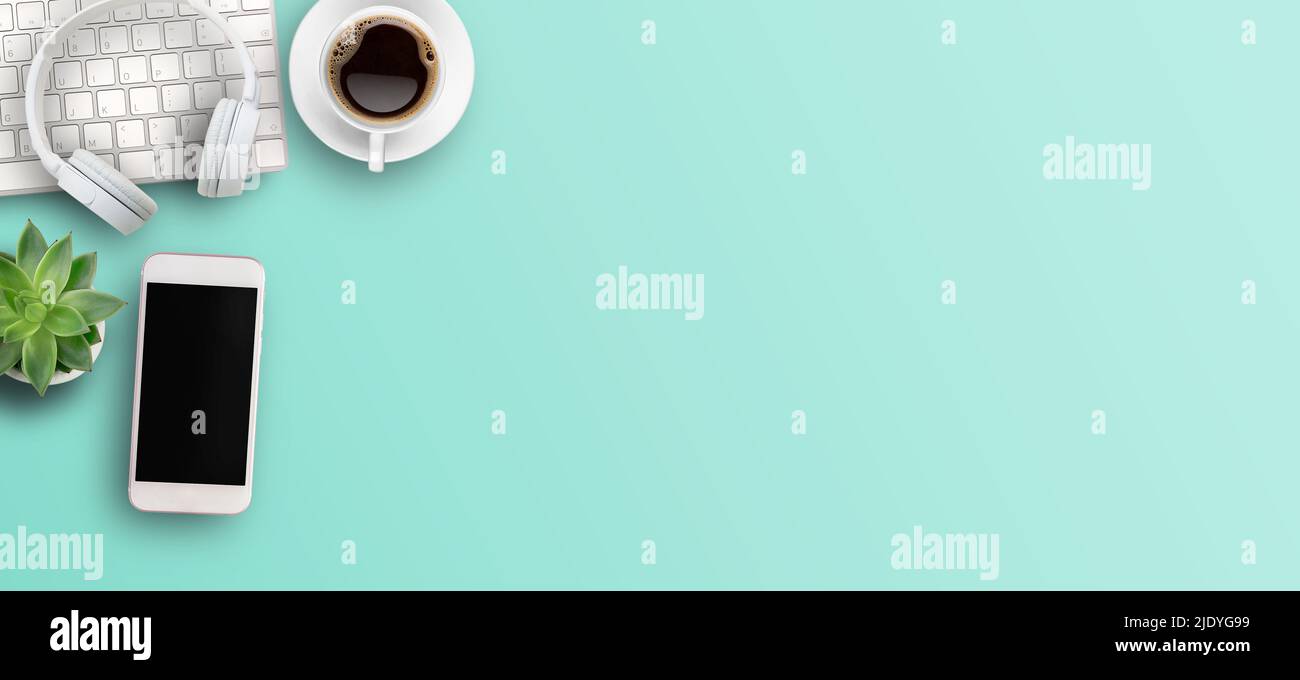 Top view with call center desktop,headset,smartphone and accessories on ...