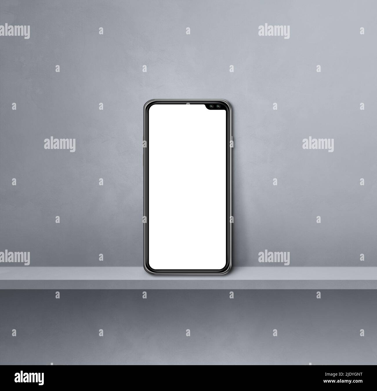 Mobile phone on grey wall shelf. Square background. 3D Illustration ...