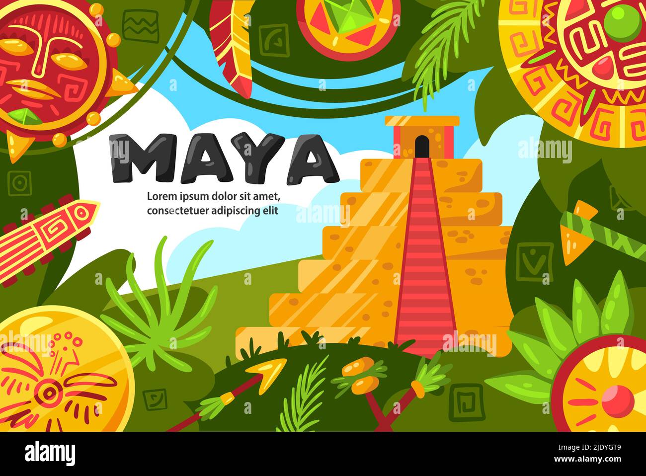 Maya civilization horizontal poster with collage of ancient pyramid ...