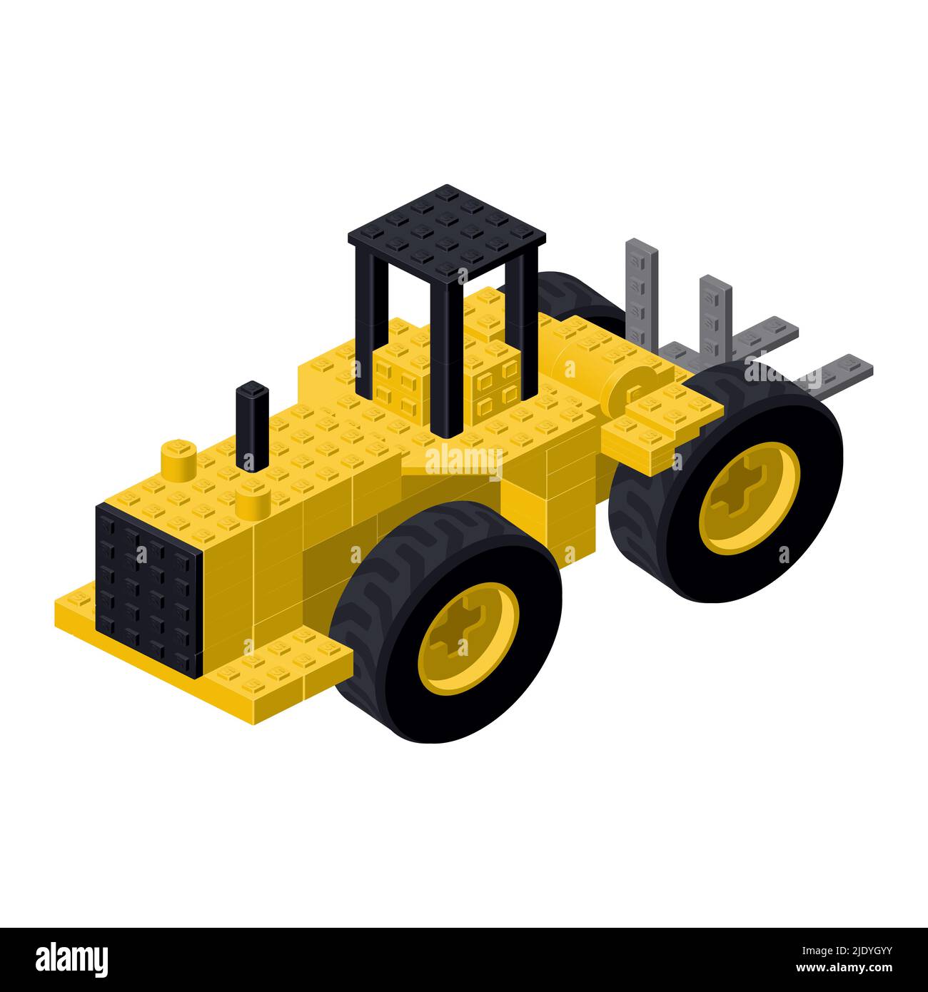 Bright bulldozer assembled from plastic blocks in isometric style for ...