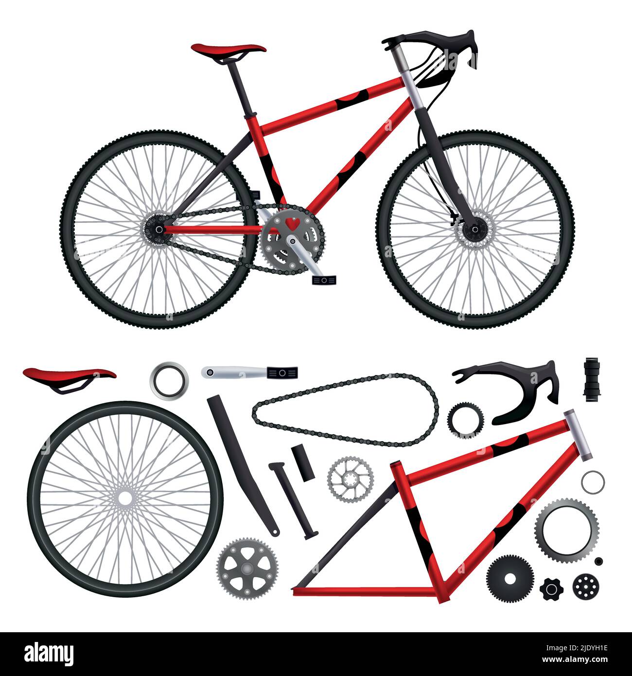 Realistic bicycle parts set of isolated bike elements and built-up ...