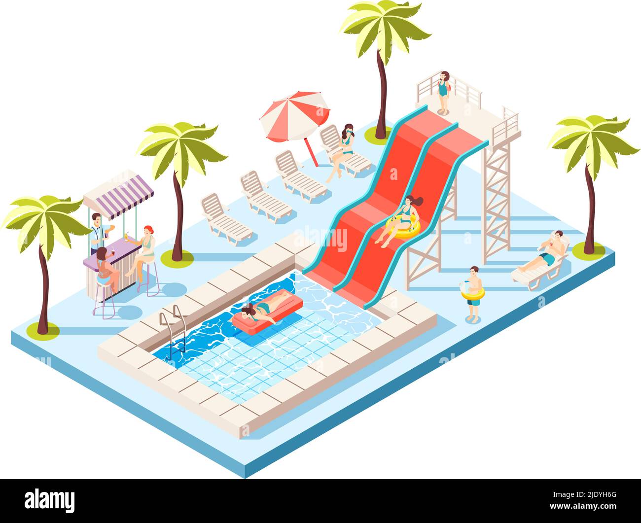 Aquapark Isometric Composition With Water Rides And Swimming Pool