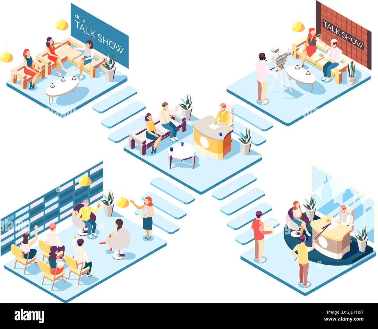 Talk show studios isometric composition with hosts and guests on white ...