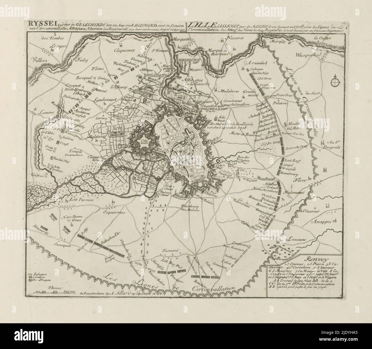 Map of the Siege of Lille, Ryssel, besieged by the Allies den 22 August ...