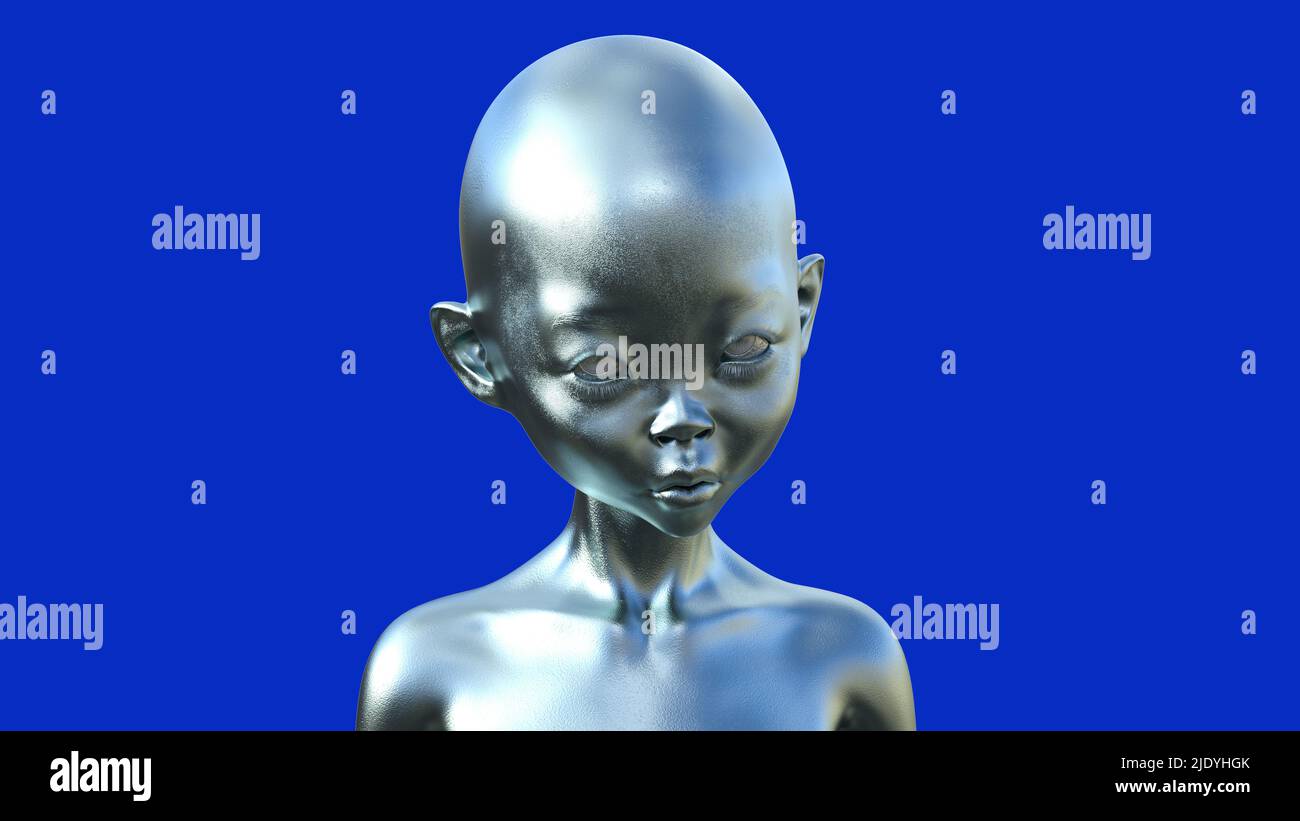 3d illustration. Silver bald alien humanoid on a blue background Stock ...