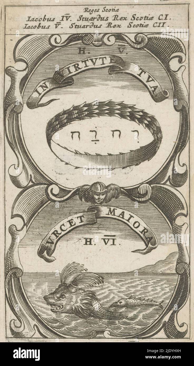 Crown with name of God / Fish swimming behind a dolphin, In Virtute Tua ...