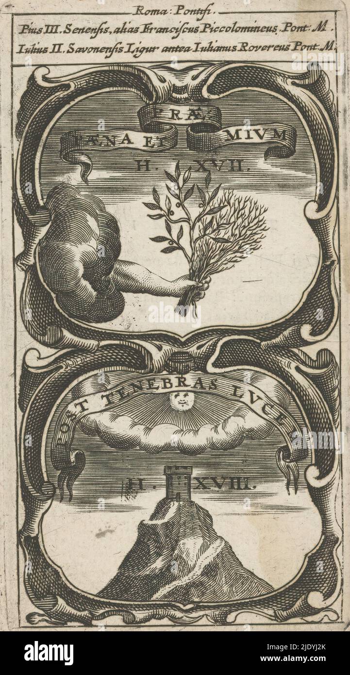 Hand with laurel branch and thorn branches / Mountain tower in the ...