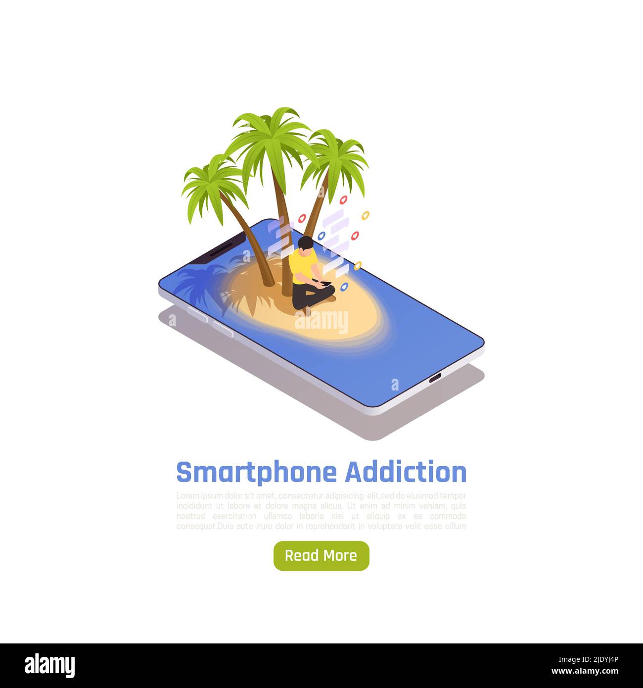 Social network addiction isometric background with conceptual image of ...