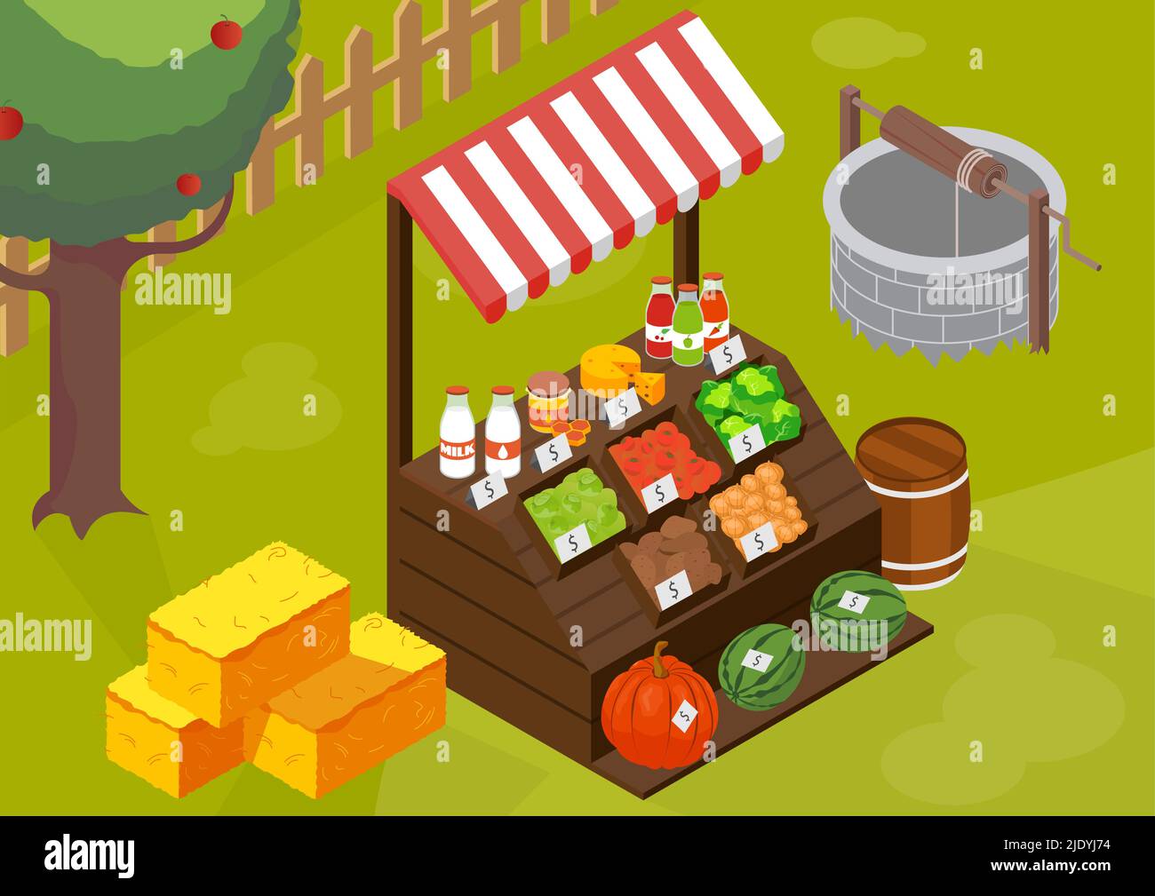 Farmers market isometric composition with outdoor view of wooden market ...