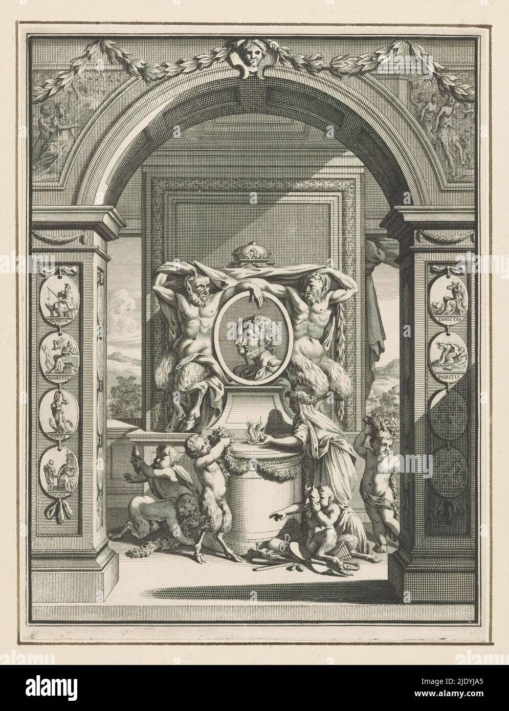 Allegorical representation with satyrs near portrait medallion and ...