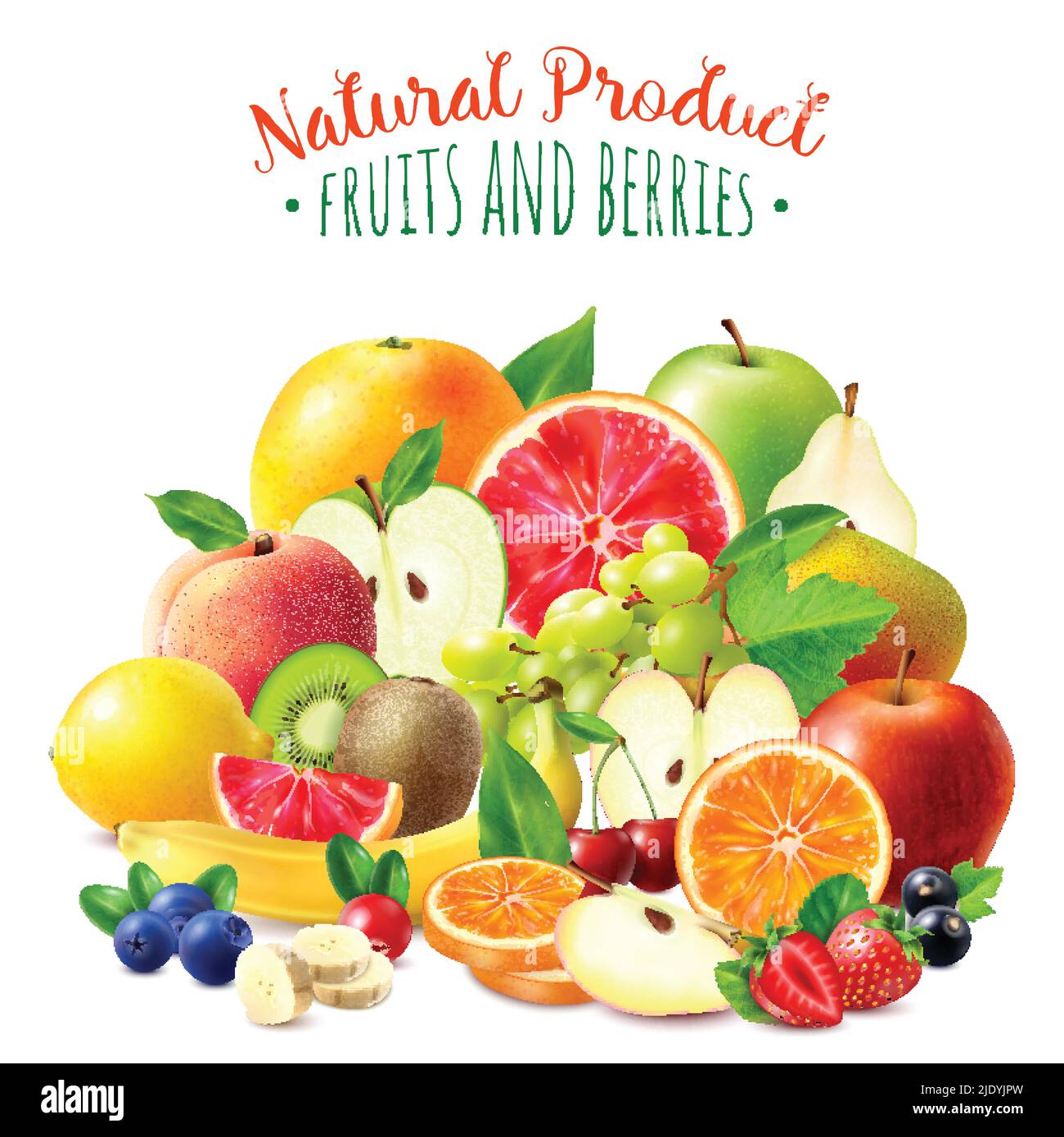 Realistic composition with different natural ripe fruits and berries on ...