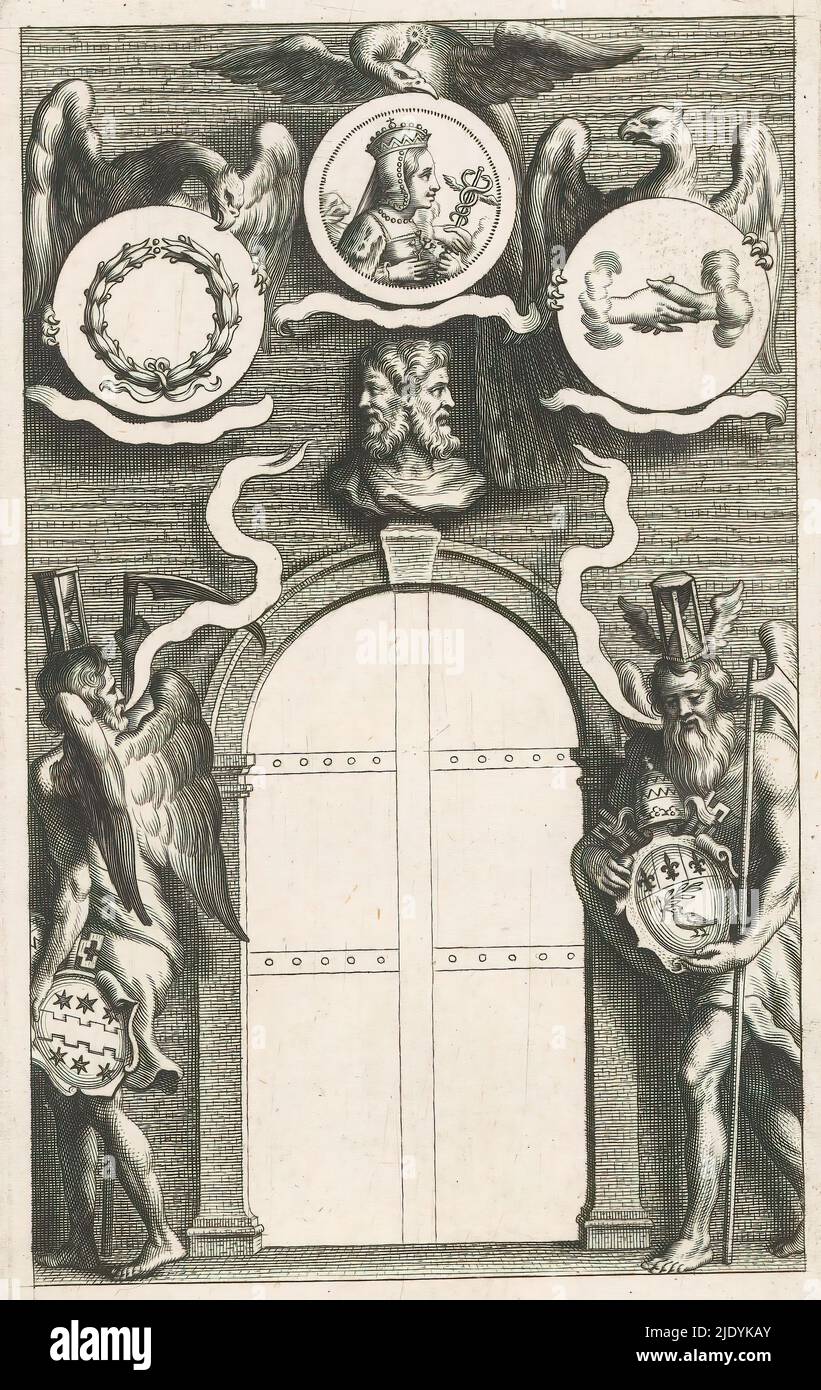 Peacock and eagles above gate flanked by Father Time, Above a gate a ...
