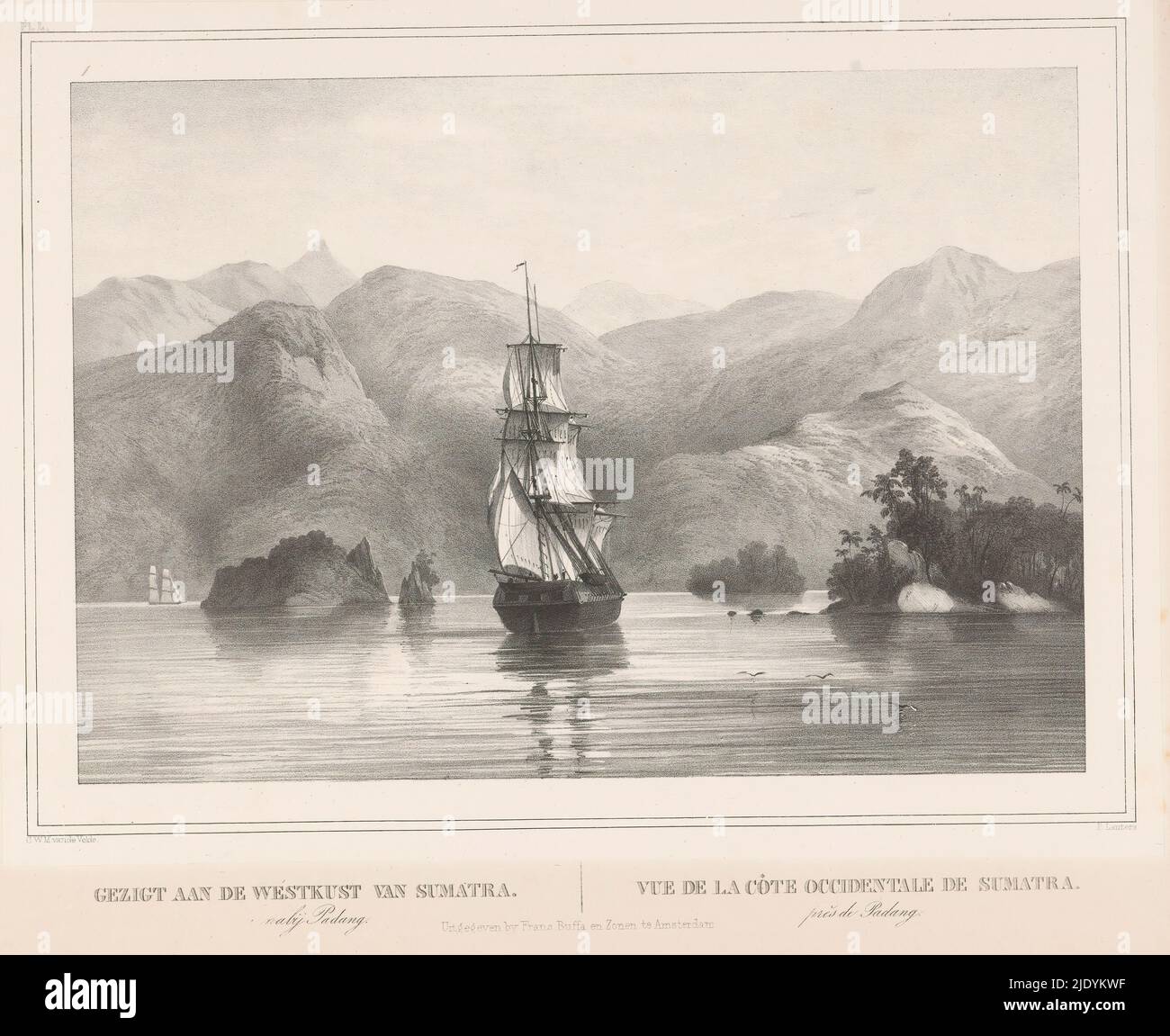 Sailing ship on the coast of Sumatra, View of the west coast of Sumatra ...