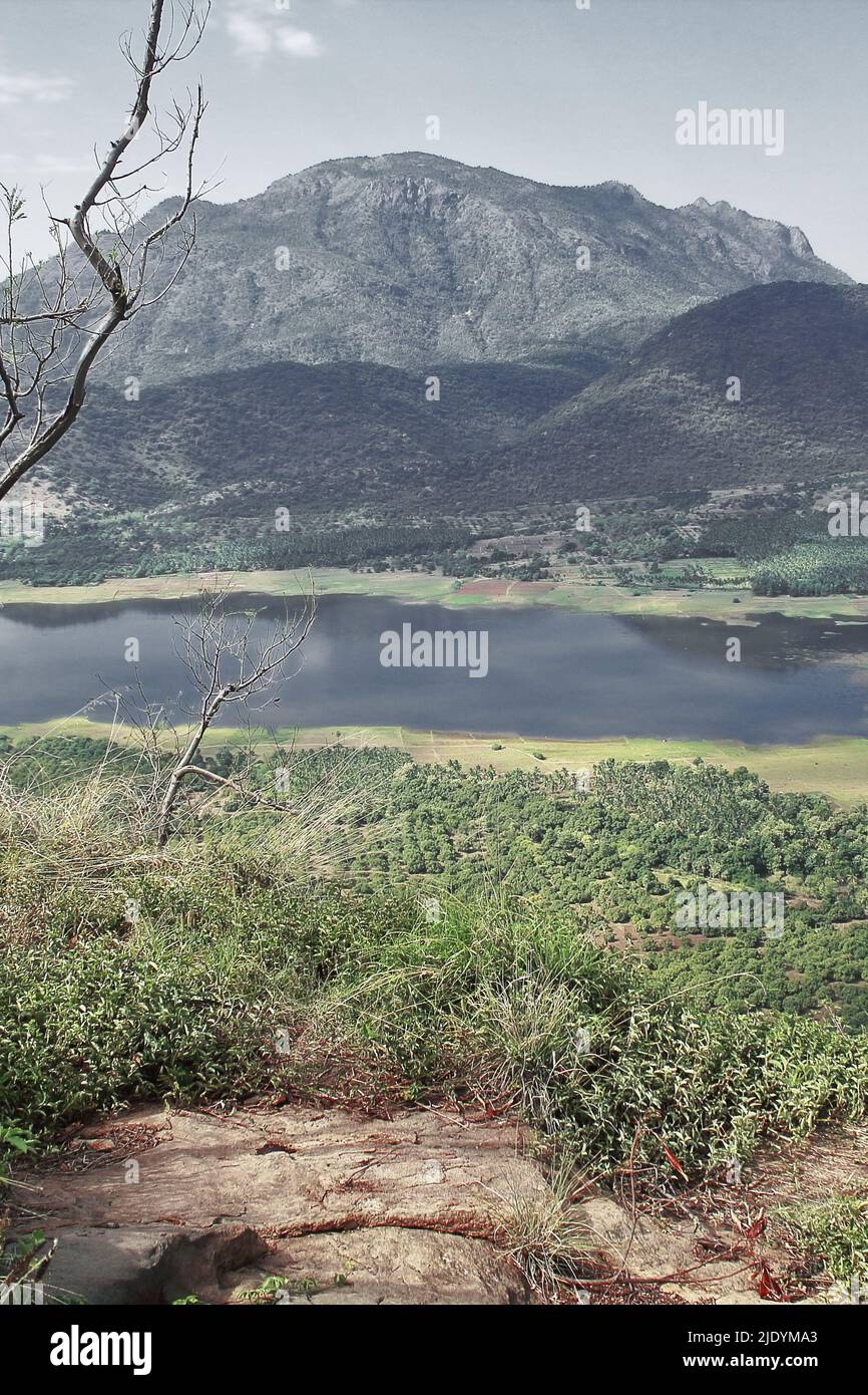 birds eye view of scenic palani hills and manjalar dam lake from a vew ...
