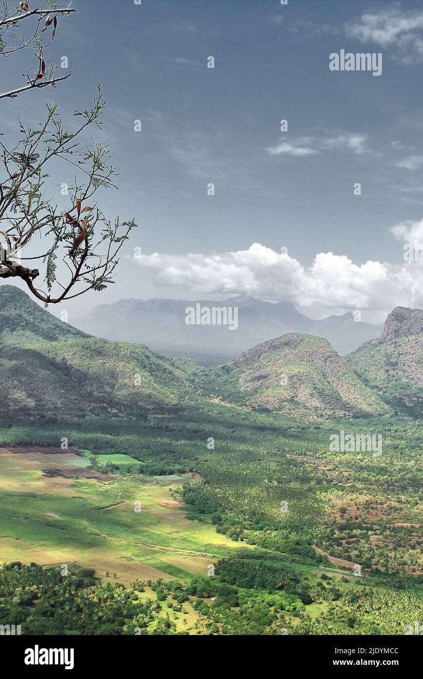 birds eye view of scenic palani hills and manjalar dam lake from a vew ...