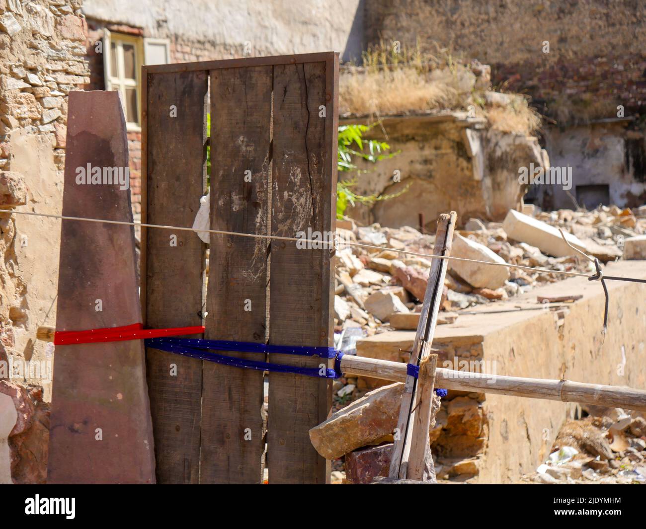 Ruin structure, debris scattered scene in rural village in India ...