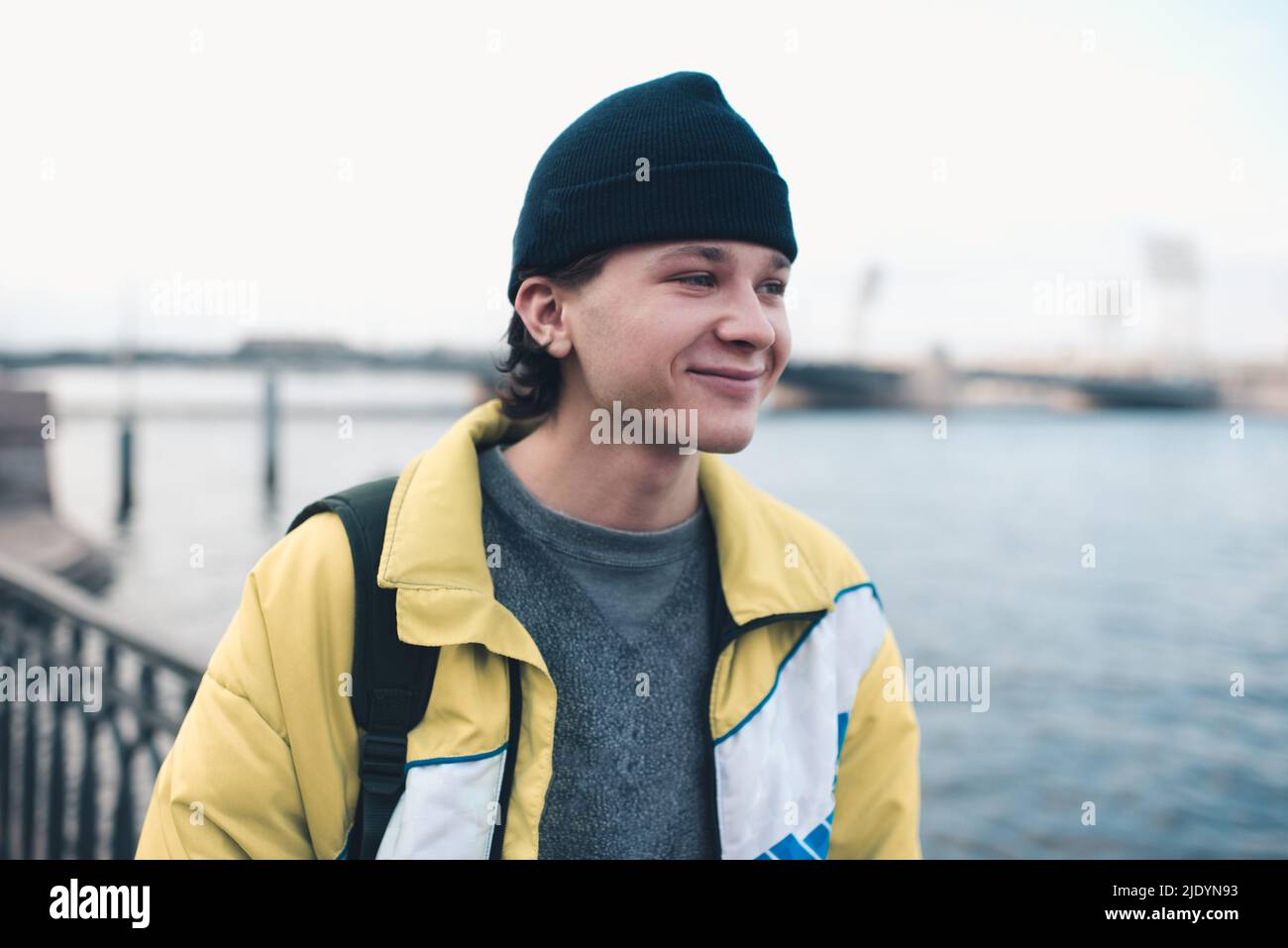 Stylish handsome guy teenager boy 18-19 year old wear knit hat and ...