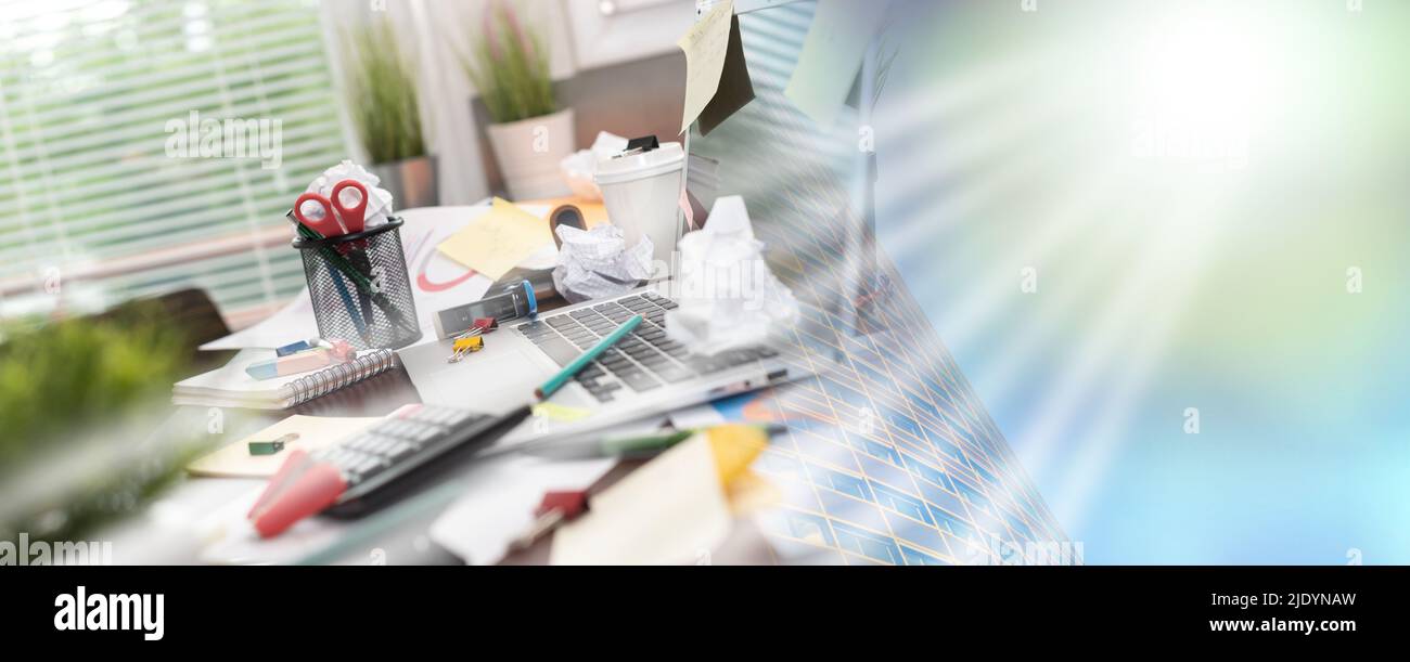 Messy and cluttered office desk; multiple exposure Stock Photo - Alamy