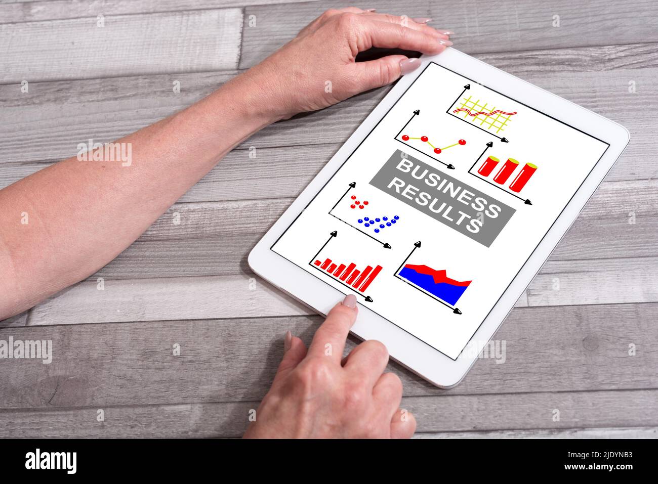 Business results concept shown on a tablet used by a woman Stock Photo ...
