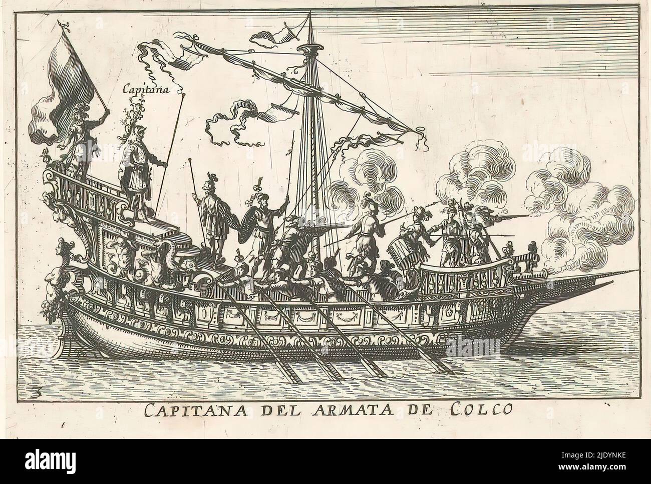 Ship with shooting soldiers and captain, Capitana del armata de Colco ...