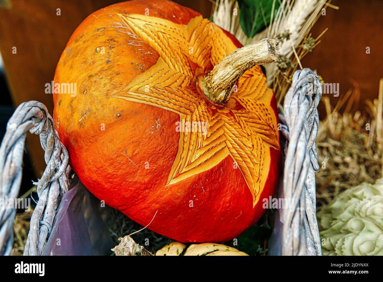 decorated pumpkin. carvings in a decorative pumpkin. Harvest festival ...