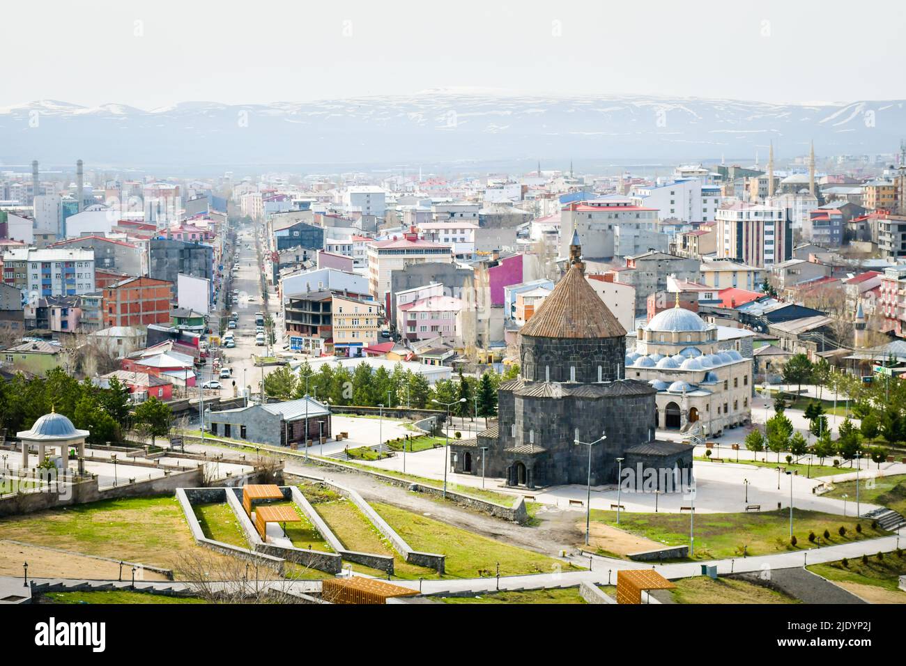 Aerial panning view Kars mosque with city panorama in eastern Turkiye ...
