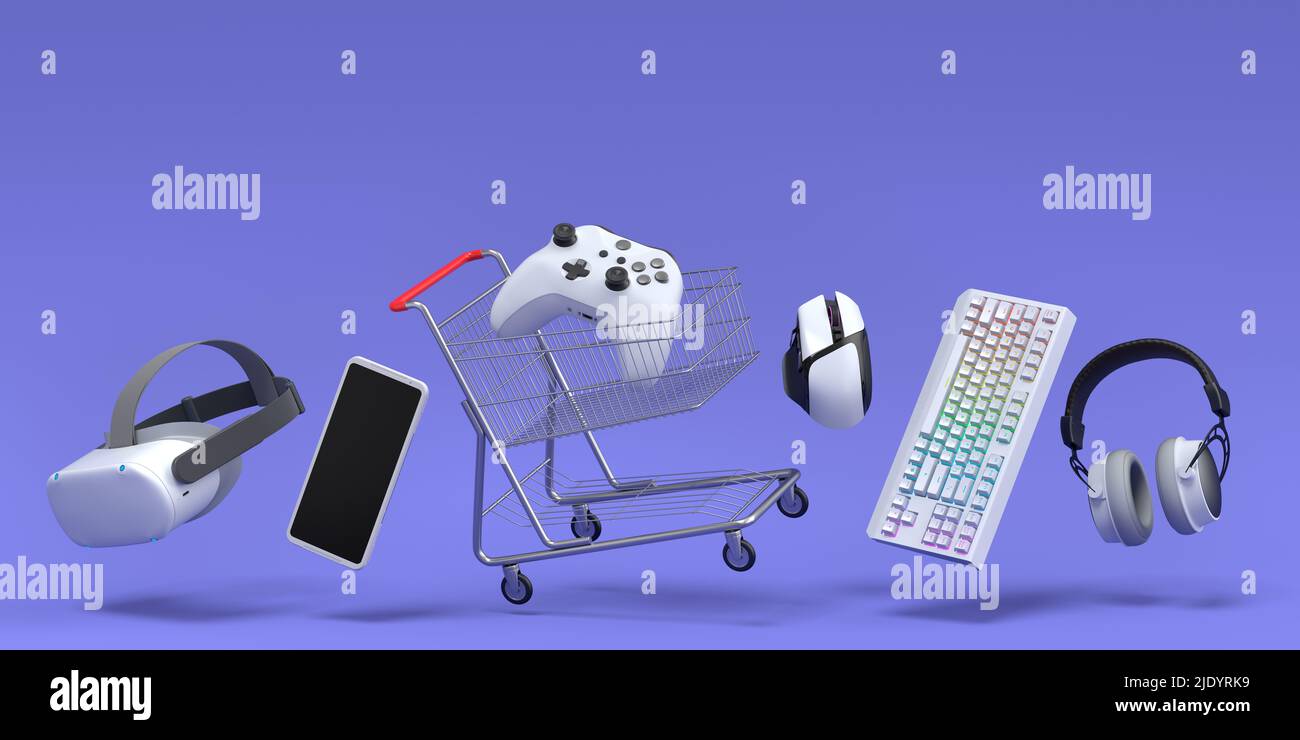 Flying gamer gears like mouse, keyboard, joystick, headset, VR Headset ...