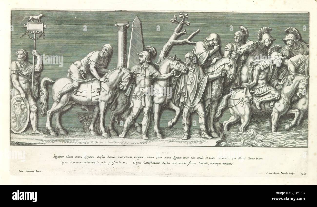 Part of a triumphal procession with soldiers and horses pulling carts ...