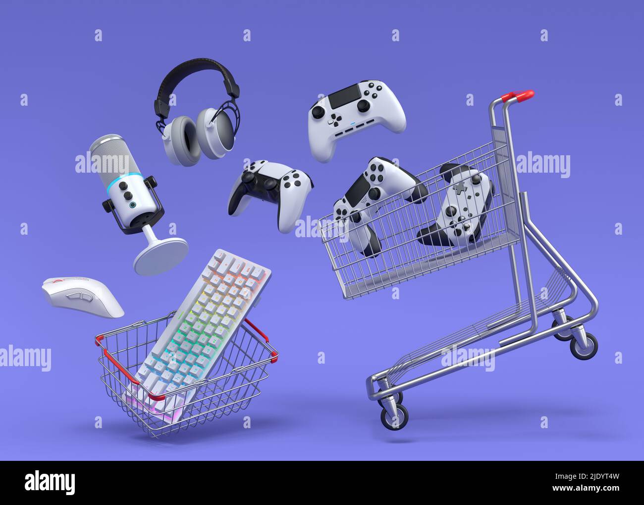 Flying gamer gears like mouse, keyboard, joystick, headset, VR Headset ...