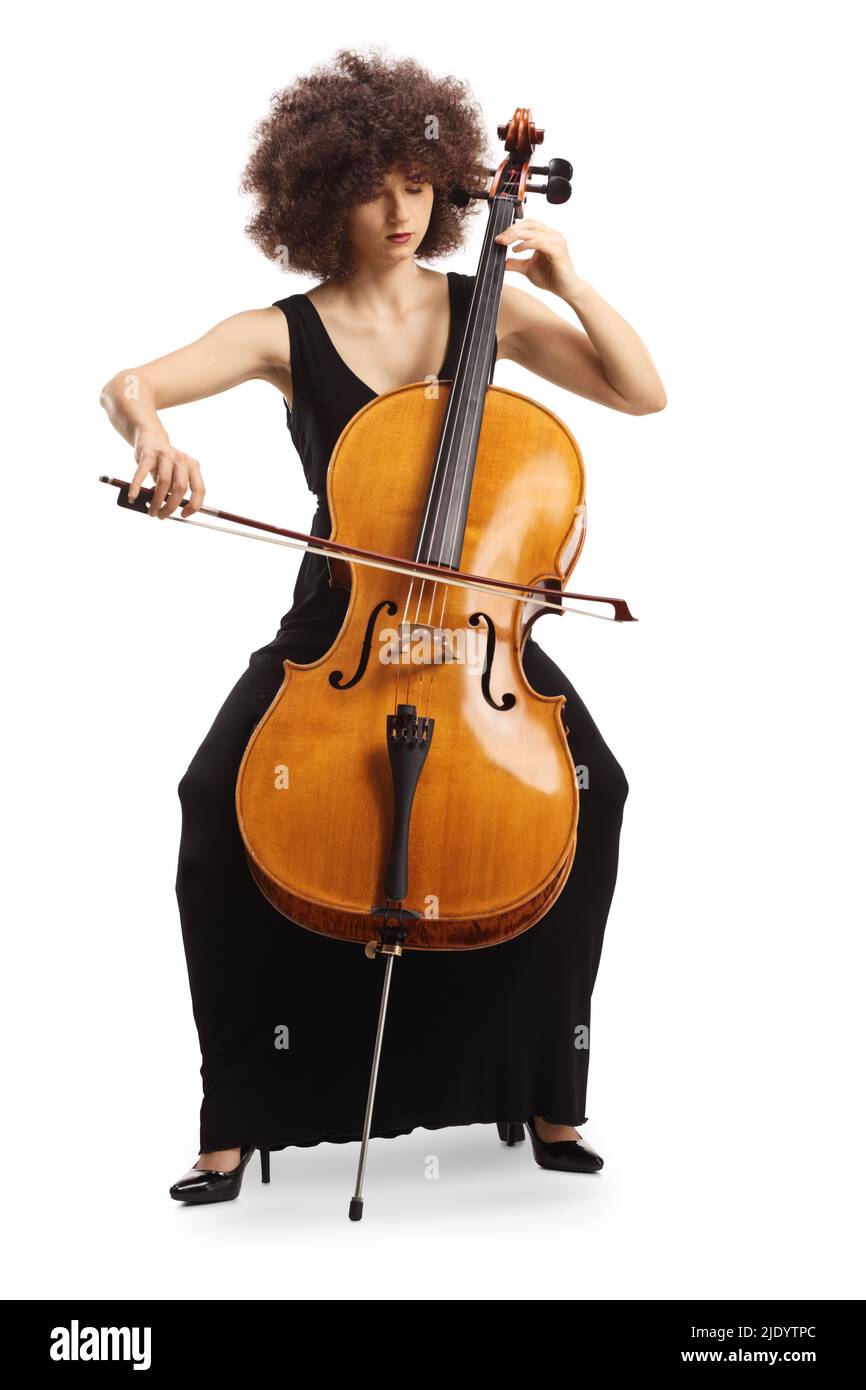 Elegant young woman in a black dress playing a contrabass isolated on ...