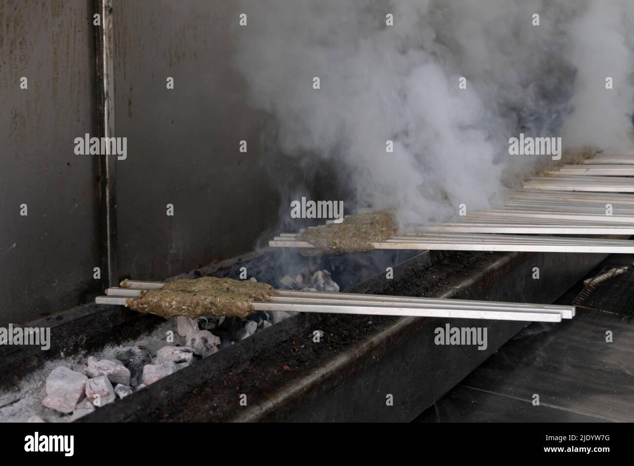 Kebabs also kabobs meat on skewers barbequed in Al Hejoj Kebab eatery ...