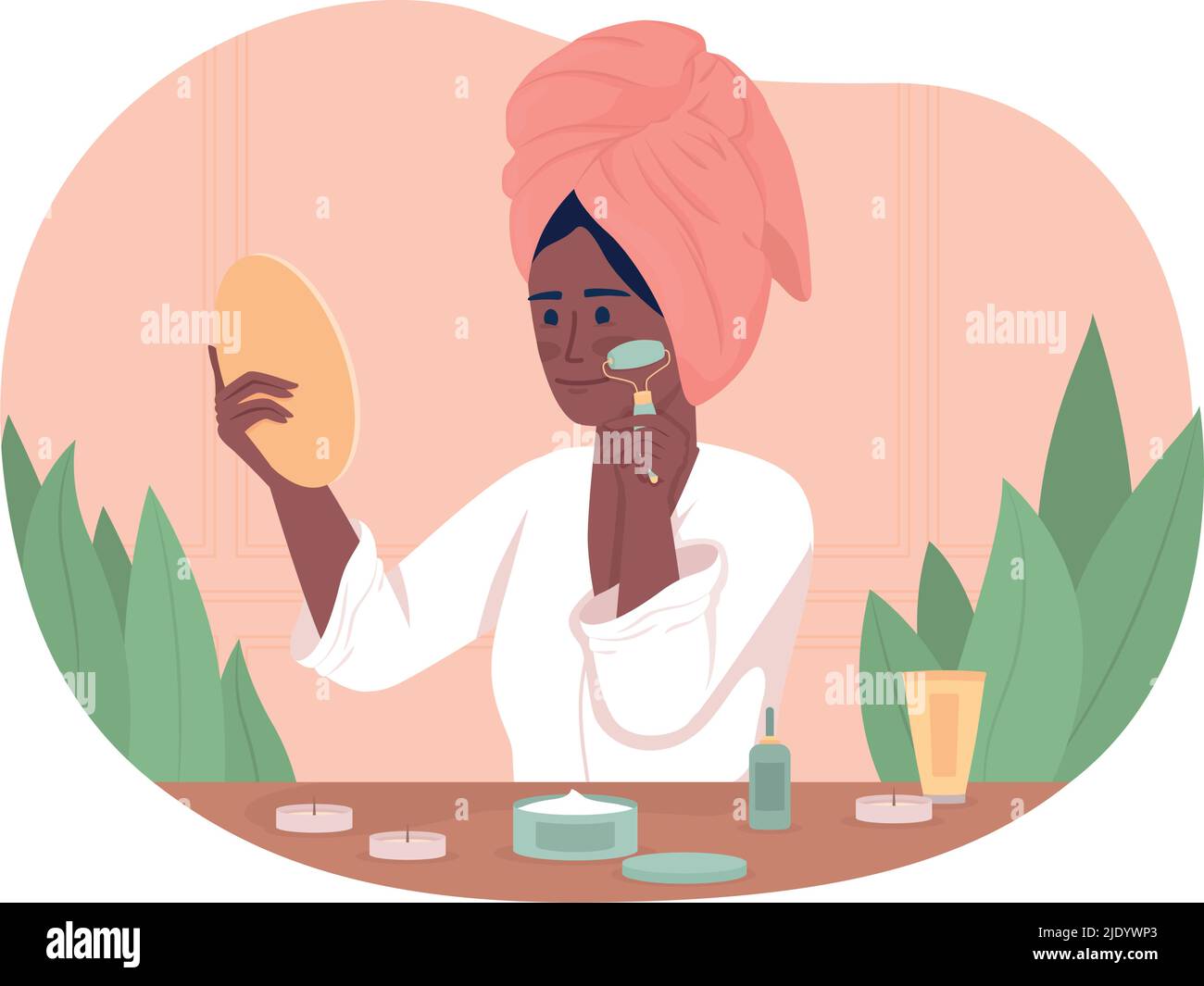 Woman using face roller at home 2D vector isolated illustration Stock ...