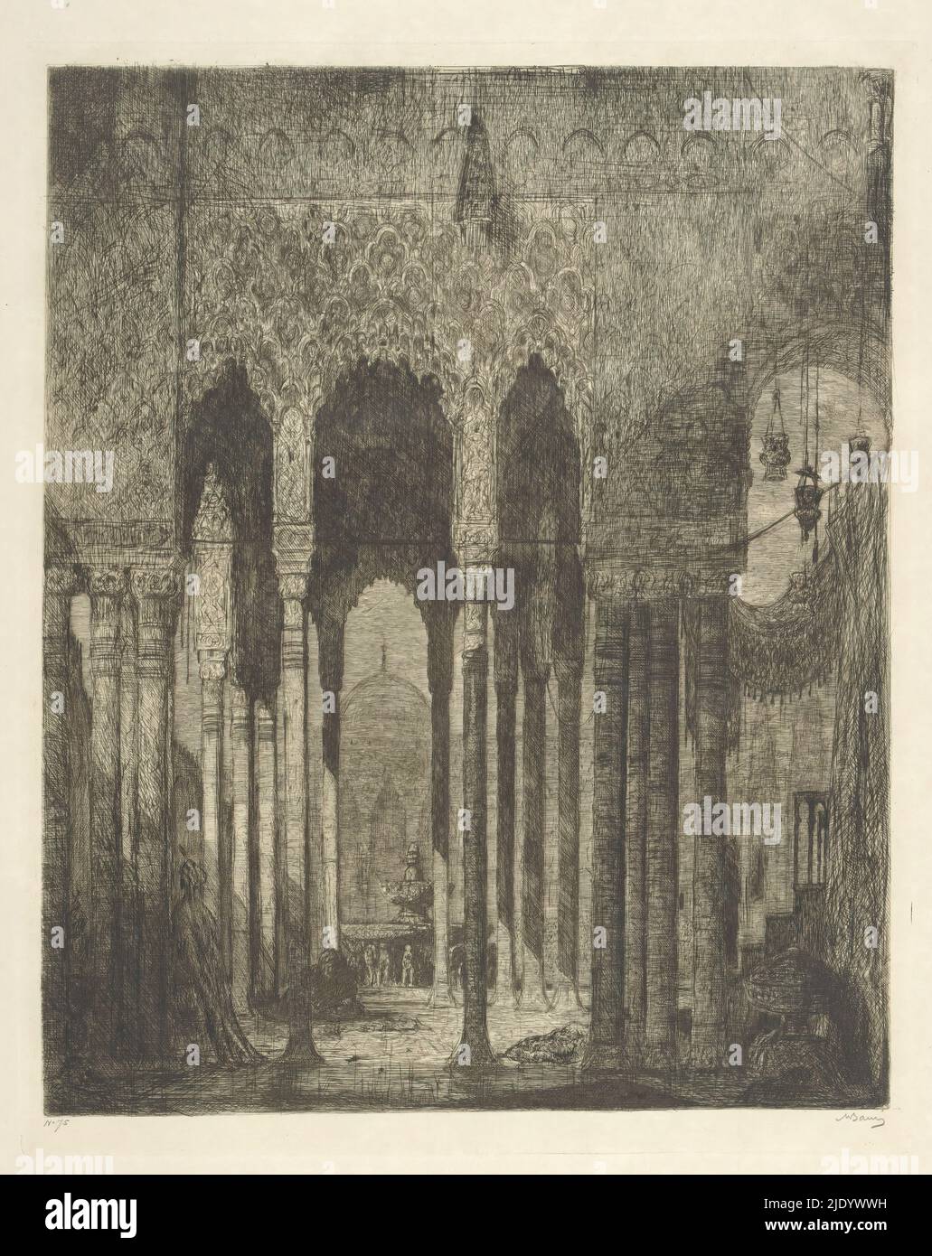 Interior of Alhambra Palace with fountain, print maker: Marius Bauer ...