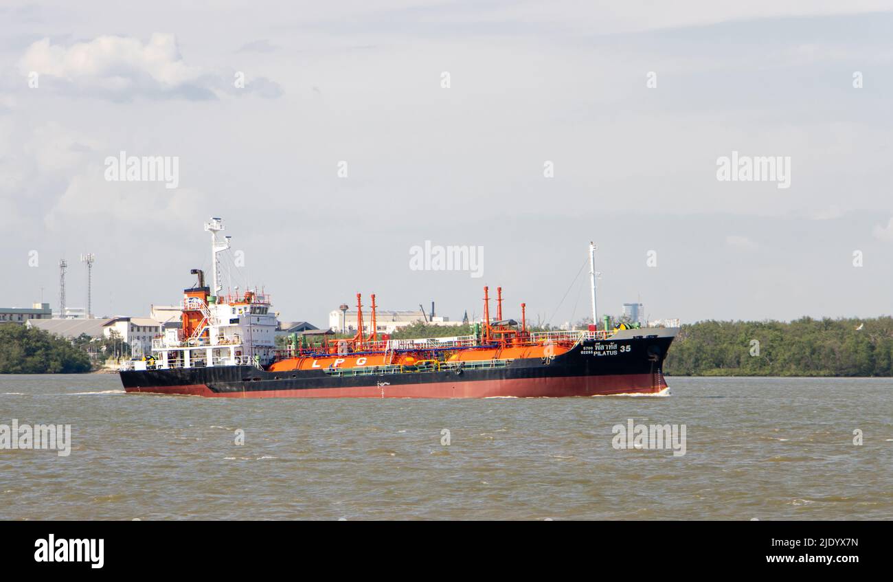 SAMUT PRAKAN, THAILAND, APR 01 2022, The Vessel Pilatus 35 a LPG Tanker ...
