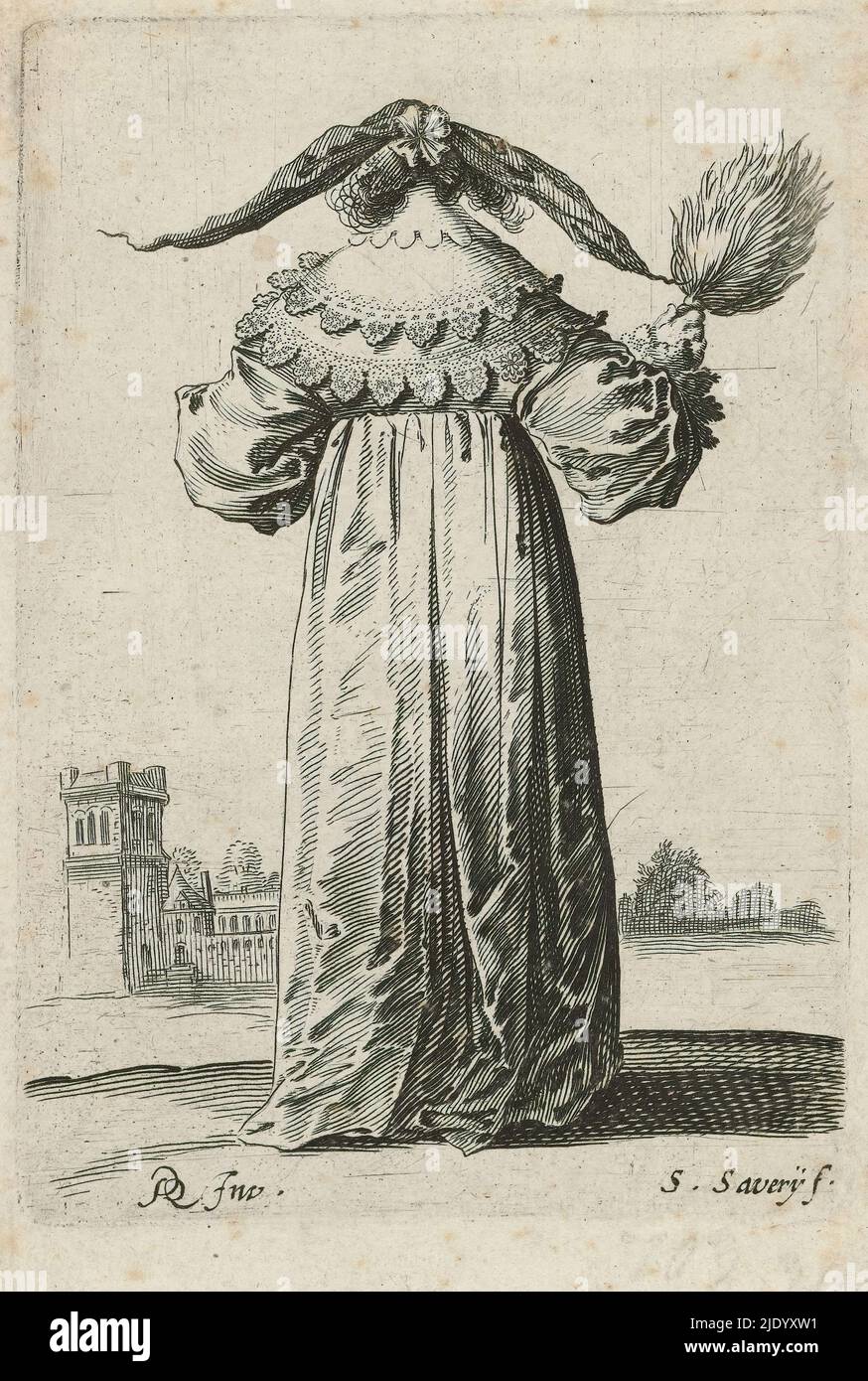 Woman dressed according to the fashion of about 1630, seen from behind ...