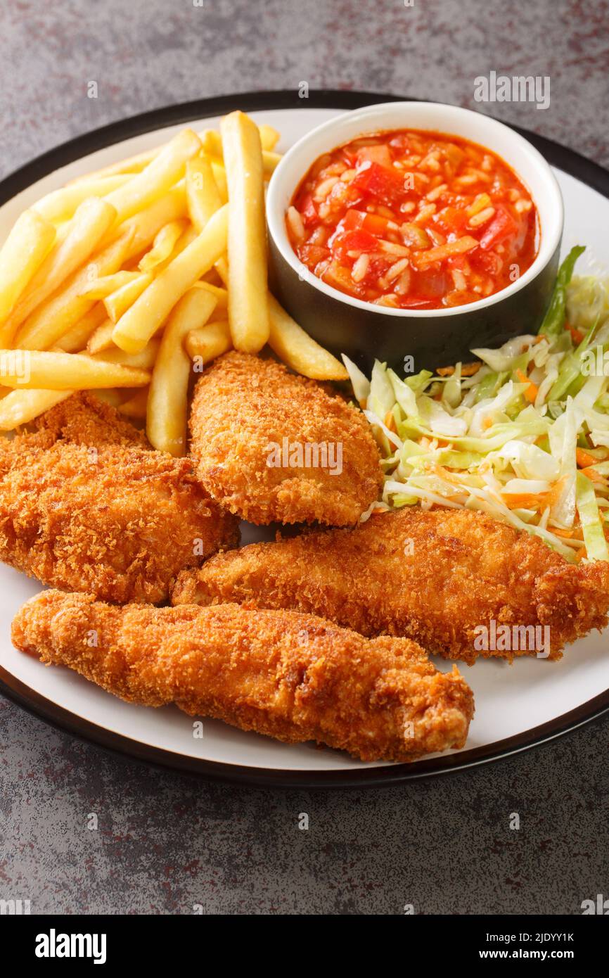 Barberton fried Chicken with French fries, cabbage salad and hot sauce ...