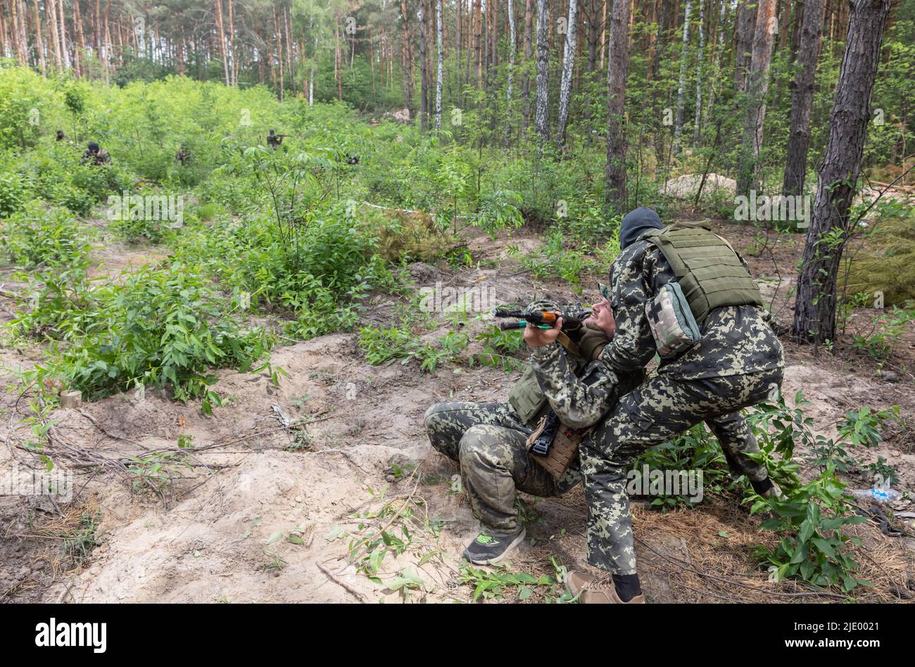 KYIV, UKRAINE - Jun. 17, 2022: War in Ukraine. Combat training of the ...
