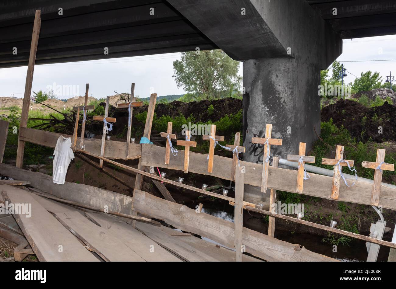 Crosses are attached to the destroyed Irpin bridge, Irpin town, Ukraine ...