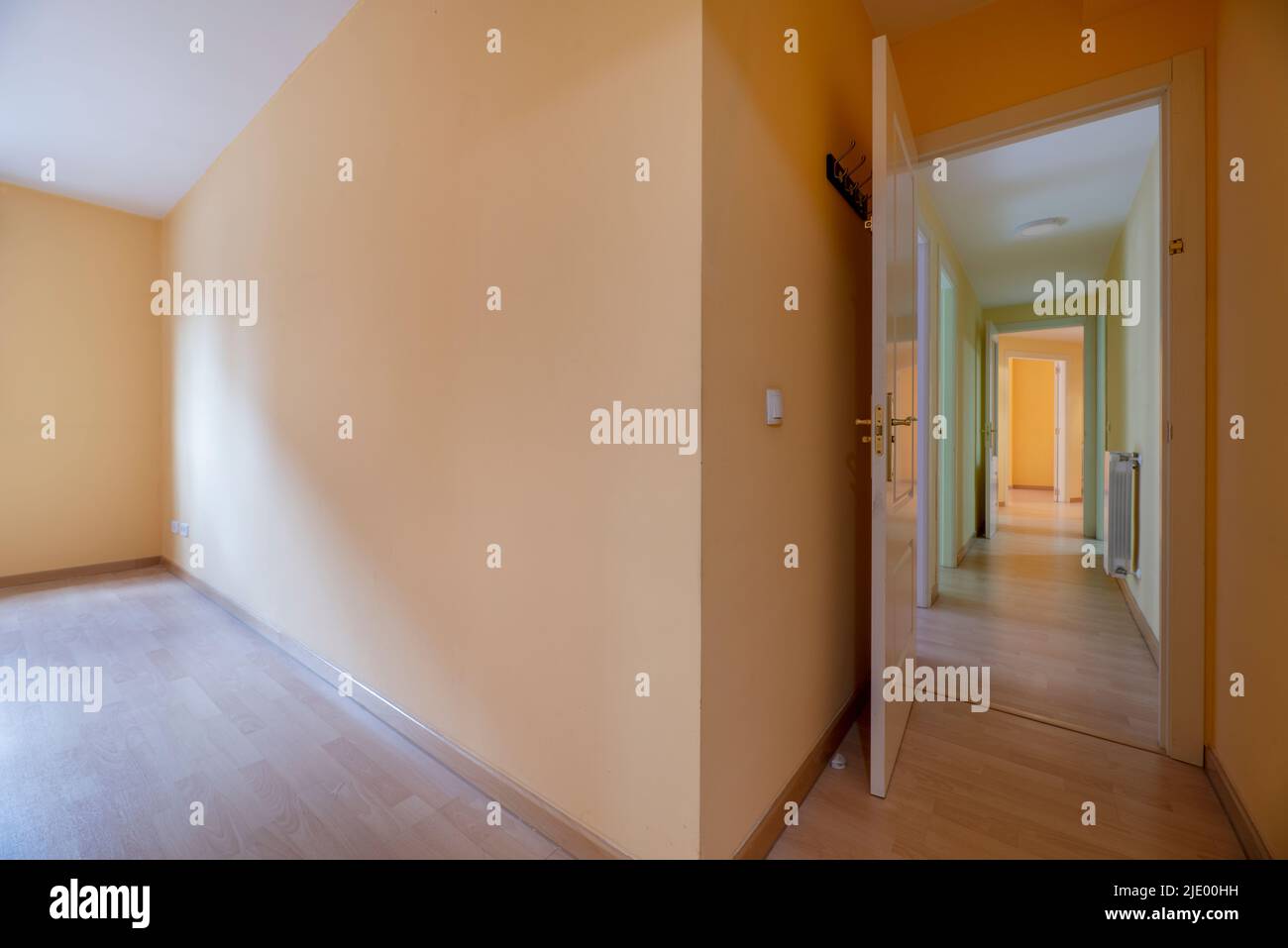 Empty room and distributor hall with oak parquet flooring, wooden doors ...