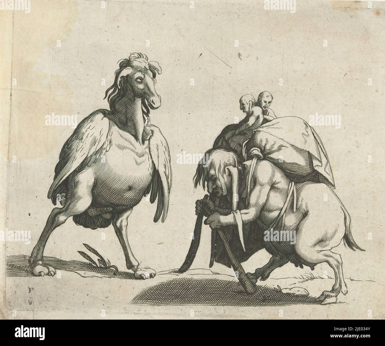 Two grotesques, On the left a grotesque figure with horse's head and ...