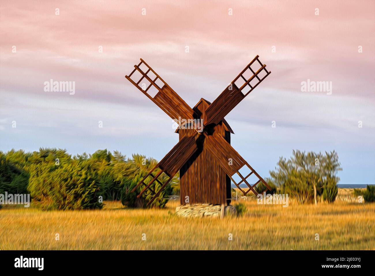 Brown wooden windmill, evening sky, stylised oil painting, Burgsvik ...