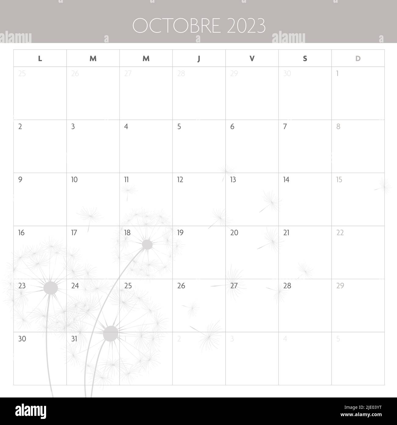 French October 2023 calendar with dandelions design Stock Photo - Alamy