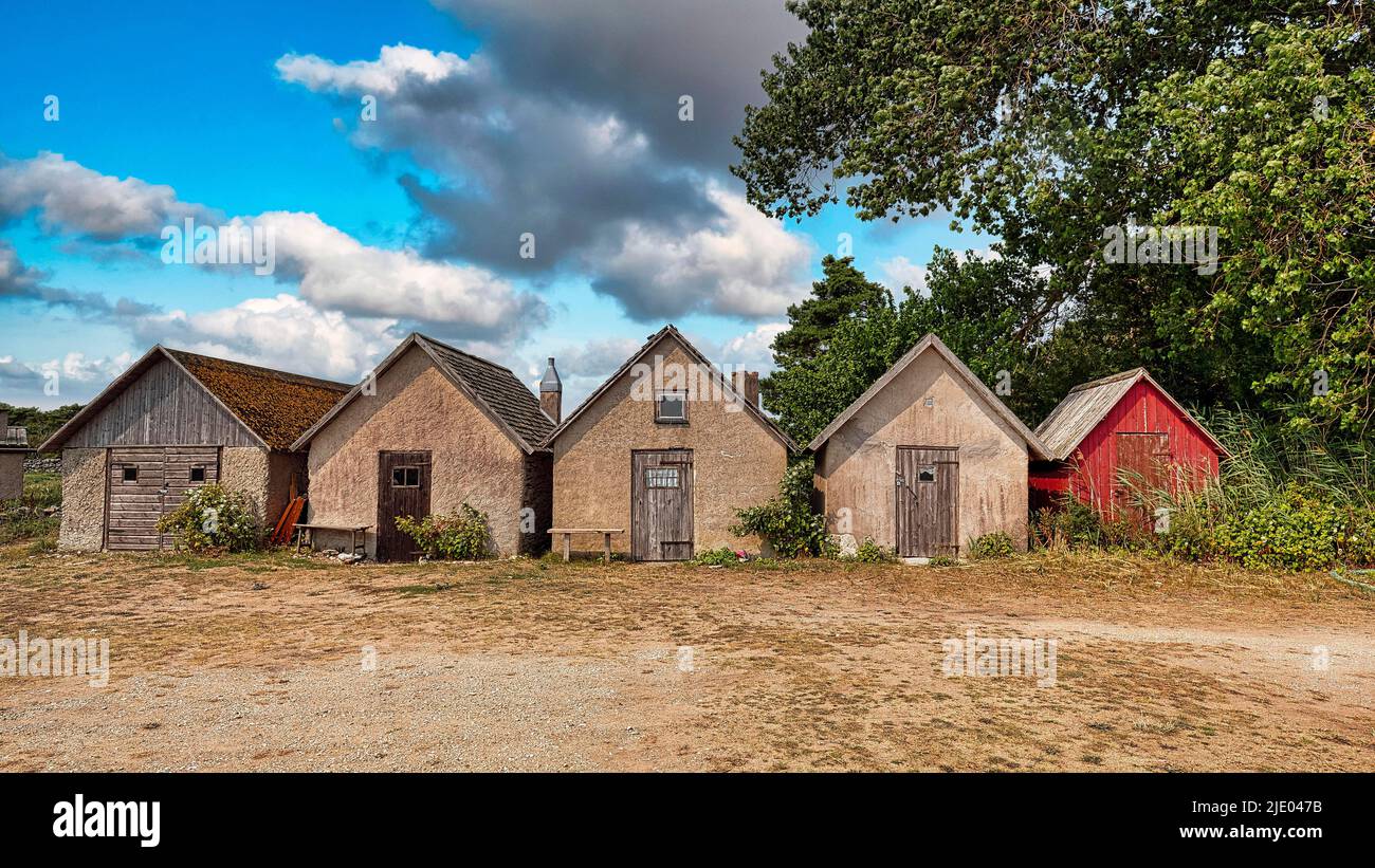 Old fishermen's huts in a row, fishing spot, seasonally inhabited ...