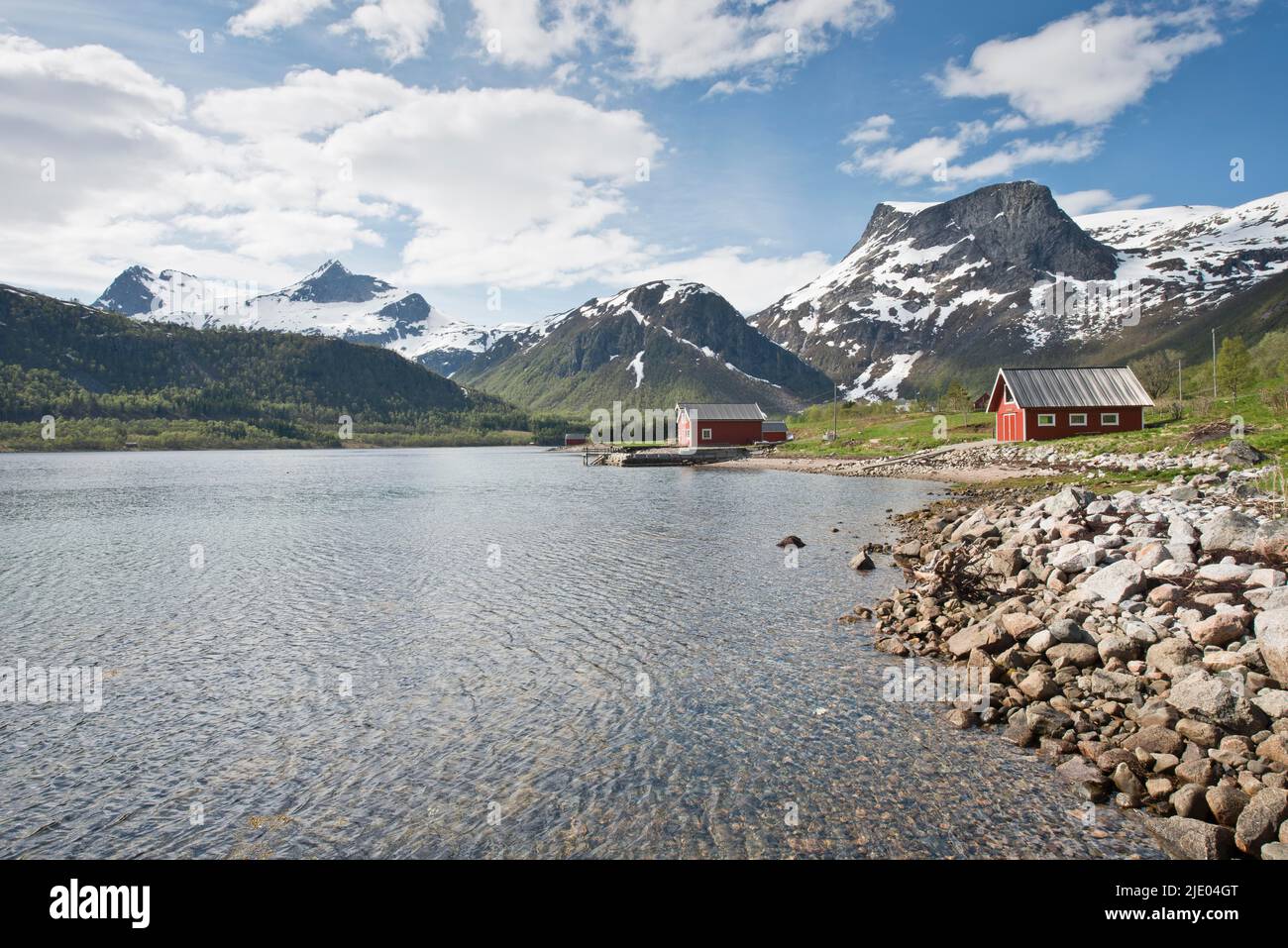Cabins by the mountain lake, Tjeldsund, Norway Stock Photo - Alamy