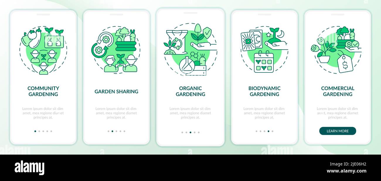 Types of gardening green onboarding mobile app screen Stock Vector ...
