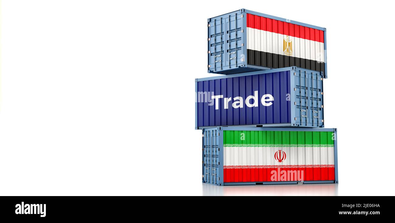 Cargo containers with Iran and Egypt national flags. 3D Rendering Stock ...