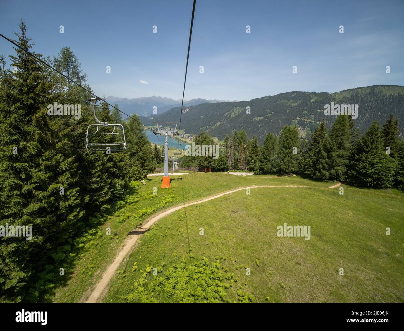 View from the chairlift of the mountain railway Weissensee to the ...