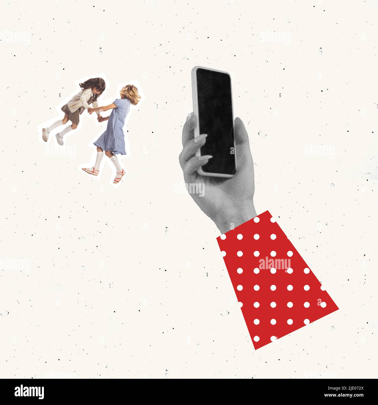 Contemporary art collage. Conceptual image. Woman's hand recording ...